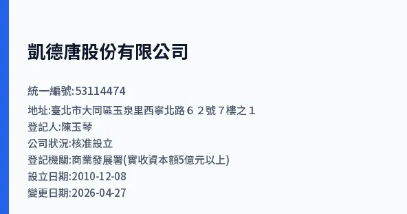凱德唐股份有限公司的照片-統編 53114474(臺北市) 公司登記資料與營業項目詳細圖表