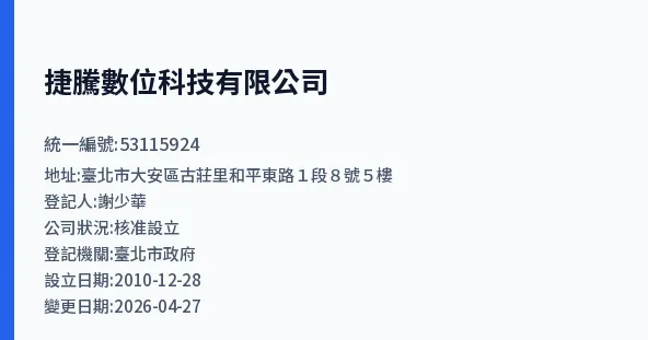 捷騰數位科技有限公司的照片-統編 53115924(臺北市) 公司登記資料與營業項目詳細圖表