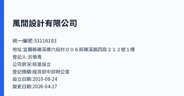 風間設計有限公司的照片-統編 53116183(宜蘭縣) 公司登記資料與營業項目詳細圖表