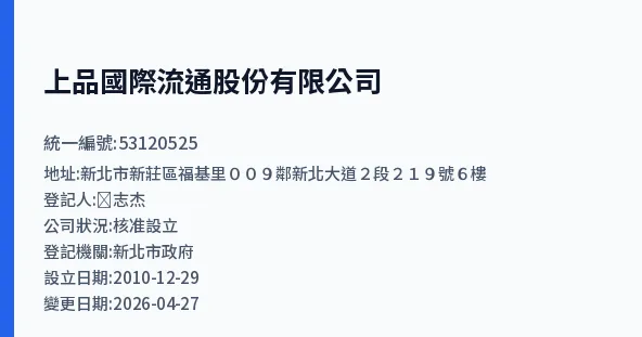 上品國際流通股份有限公司的照片-統編 53120525(新北市) 公司登記資料與營業項目詳細圖表