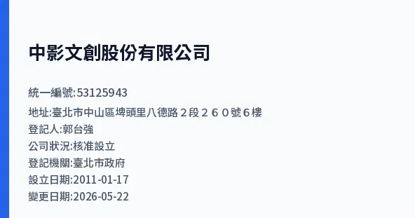 中影文創股份有限公司的照片-統編 53125943(臺北市) 公司登記資料與營業項目詳細圖表