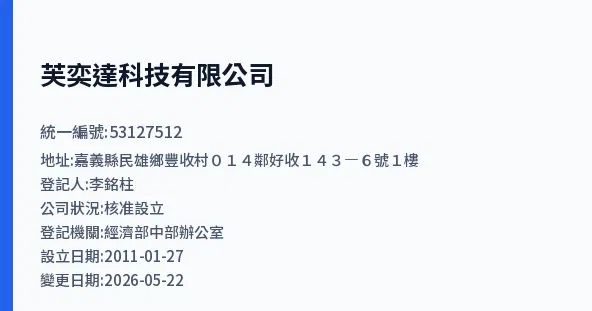 芙奕達科技有限公司的照片-統編 53127512(嘉義縣) 公司登記資料與營業項目詳細圖表