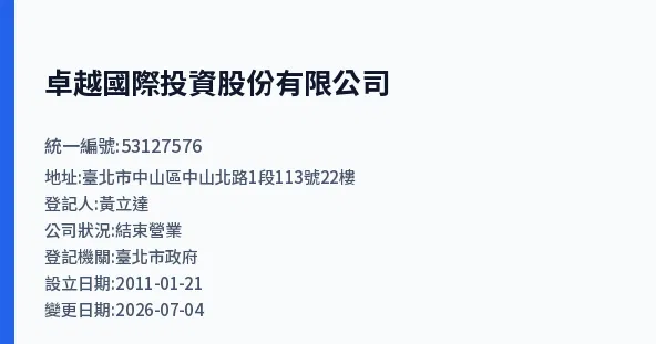 卓越國際投資股份有限公司的照片-統編 53127576(臺北市) 公司登記資料與營業項目詳細圖表