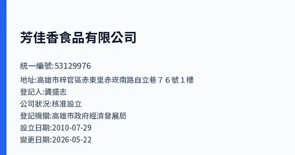 芳佳香食品有限公司的照片-統編 53129976(高雄市) 公司登記資料與營業項目詳細圖表
