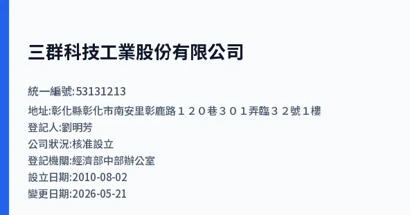 三群科技工業股份有限公司的照片-統編 53131213(彰化縣) 公司登記資料與營業項目詳細圖表