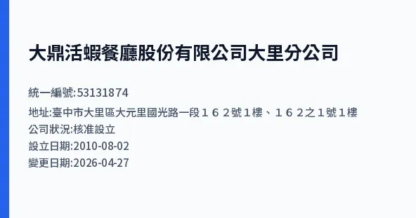 大鼎活蝦餐廳股份有限公司大里分公司的照片-統編 53131874(臺中市) 公司登記資料與營業項目詳細圖表