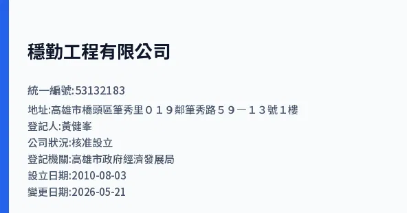 穩勤工程有限公司的照片-統編 53132183(高雄市) 公司登記資料與營業項目詳細圖表