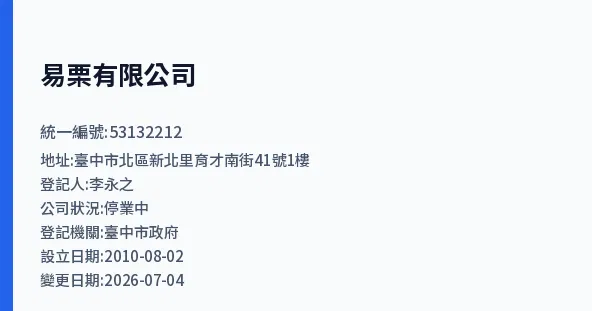 易栗有限公司的照片-統編 53132212(臺中市) 公司登記資料與營業項目詳細圖表