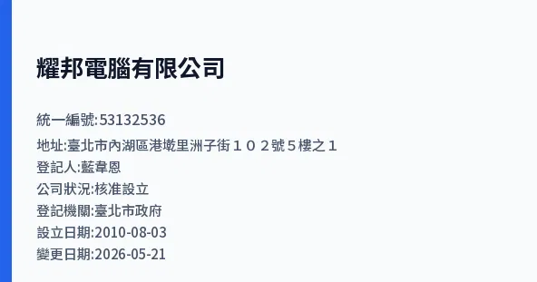 耀邦電腦有限公司的照片-統編 53132536(臺北市) 公司登記資料與營業項目詳細圖表