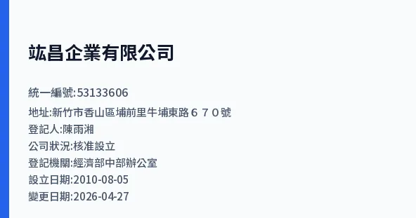 竑昌企業有限公司的照片-統編 53133606(新竹市) 公司登記資料與營業項目詳細圖表