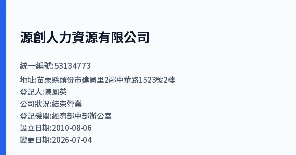 源創人力資源有限公司的照片-統編 53134773(苗栗縣) 公司登記資料與營業項目詳細圖表