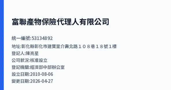 富聯產物保險代理人有限公司的照片-統編 53134892(彰化縣) 公司登記資料與營業項目詳細圖表