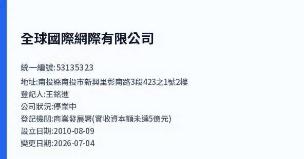 全球國際網際有限公司的照片-統編 53135323(南投縣) 公司登記資料與營業項目詳細圖表