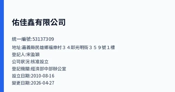 佑佳鑫有限公司的照片-統編 53137309(嘉義縣) 公司登記資料與營業項目詳細圖表