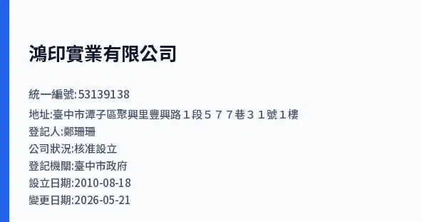 鴻印實業有限公司的照片-統編 53139138(臺中市) 公司登記資料與營業項目詳細圖表