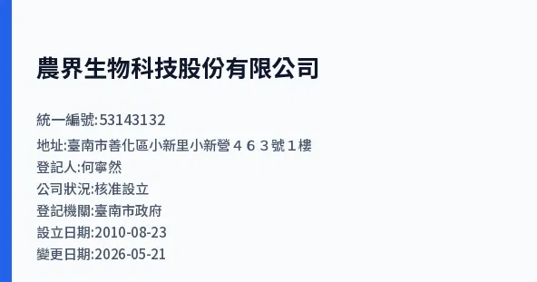 農界生物科技股份有限公司的照片-統編 53143132(臺南市) 公司登記資料與營業項目詳細圖表
