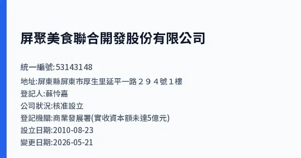 屏聚美食聯合開發股份有限公司的照片-統編 53143148(屏東縣) 公司登記資料與營業項目詳細圖表