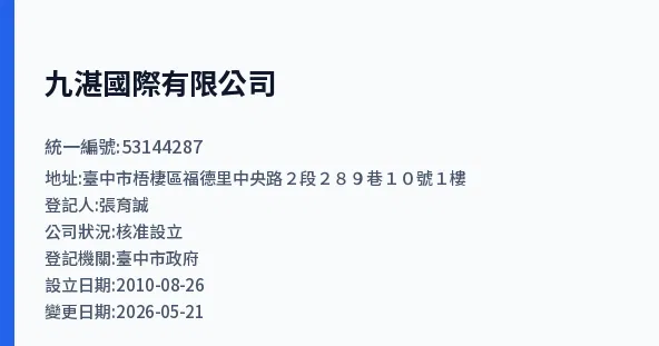 九湛國際有限公司的照片-統編 53144287(臺中市) 公司登記資料與營業項目詳細圖表
