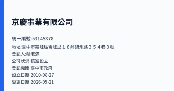 京慶事業有限公司的照片-統編 53145878(臺中市) 公司登記資料與營業項目詳細圖表