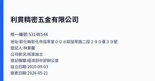 利貫精密五金有限公司的照片-統編 53148544(彰化縣) 公司登記資料與營業項目詳細圖表