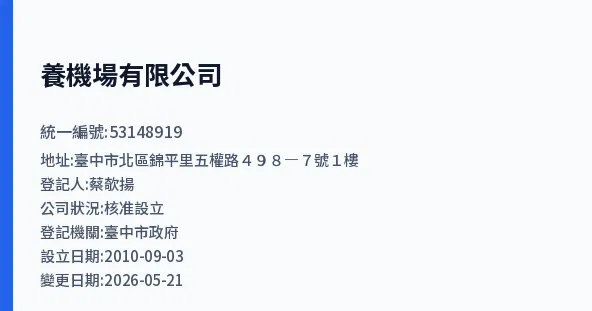 養機場有限公司的照片-統編 53148919(臺中市) 公司登記資料與營業項目詳細圖表