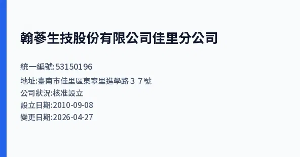 翰蔘生技股份有限公司佳里分公司的照片-統編 53150196(臺南市) 公司登記資料與營業項目詳細圖表