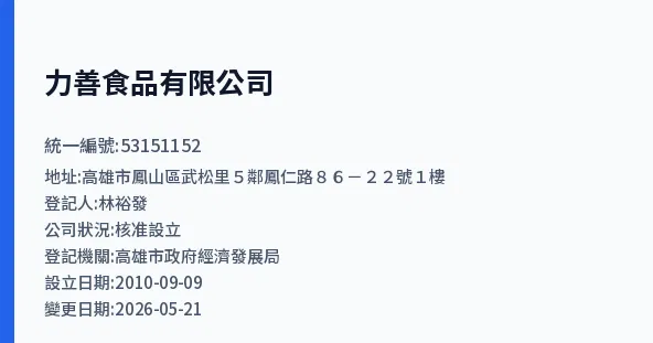 力善食品有限公司的照片-統編 53151152(高雄市) 公司登記資料與營業項目詳細圖表
