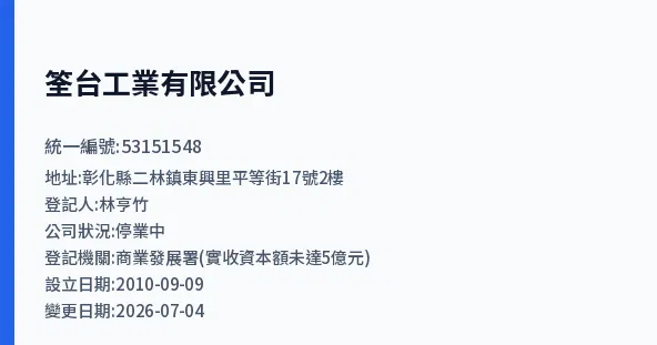 筌台工業有限公司的照片-統編 53151548(彰化縣) 公司登記資料與營業項目詳細圖表