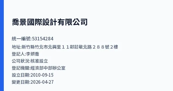 喬景國際設計有限公司的照片-統編 53154284(新竹縣) 公司登記資料與營業項目詳細圖表