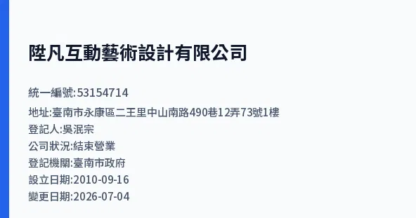 陞凡互動藝術設計有限公司的照片-統編 53154714(臺南市) 公司登記資料與營業項目詳細圖表