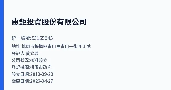 惠鉅投資股份有限公司的照片-統編 53155045(桃園市) 公司登記資料與營業項目詳細圖表