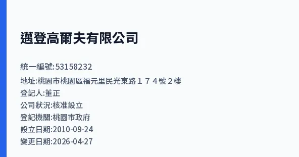 邁登高爾夫有限公司的照片-統編 53158232(桃園市) 公司登記資料與營業項目詳細圖表