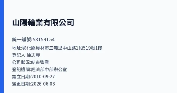 山陽輪業有限公司的照片-統編 53159154(彰化縣) 公司登記資料與營業項目詳細圖表