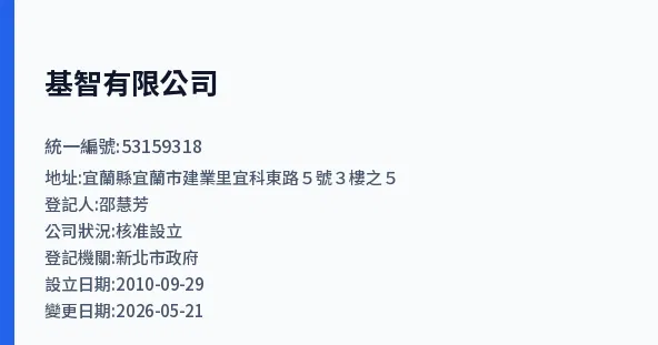 基智有限公司的照片-統編 53159318(宜蘭縣) 公司登記資料與營業項目詳細圖表
