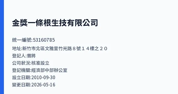 金獎一條根生技有限公司的照片-統編 53160785(新竹市) 公司登記資料與營業項目詳細圖表