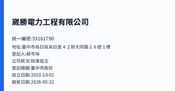 崴勝電力工程有限公司的照片-統編 53161790(臺中市) 公司登記資料與營業項目詳細圖表