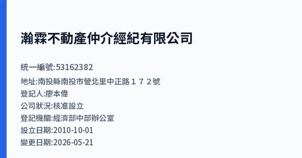 瀚霖不動產仲介經紀有限公司的照片-統編 53162382(南投縣) 公司登記資料與營業項目詳細圖表