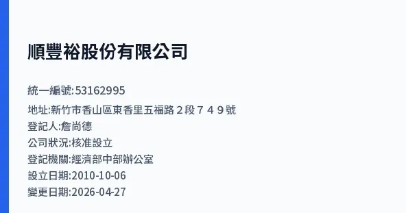 順豐裕股份有限公司的照片-統編 53162995(新竹市) 公司登記資料與營業項目詳細圖表