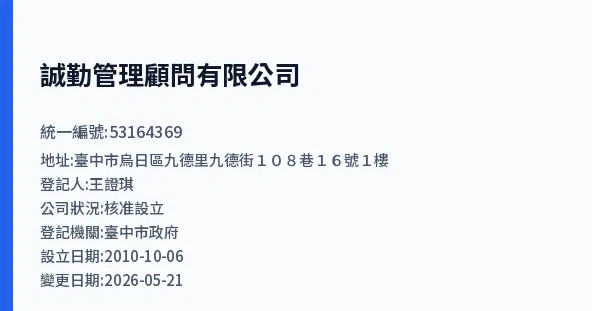 誠勤管理顧問有限公司的照片-統編 53164369(臺中市) 公司登記資料與營業項目詳細圖表