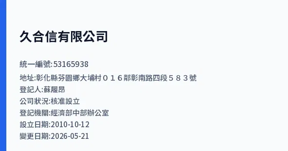 久合信有限公司的照片-統編 53165938(彰化縣) 公司登記資料與營業項目詳細圖表