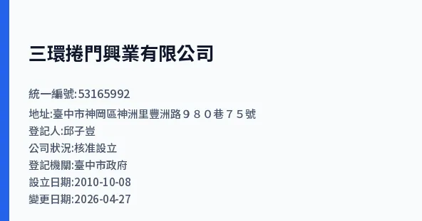 三環捲門興業有限公司的照片-統編 53165992(臺中市) 公司登記資料與營業項目詳細圖表