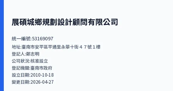 展碩城鄉規劃設計顧問有限公司的照片-統編 53169097(臺南市) 公司登記資料與營業項目詳細圖表