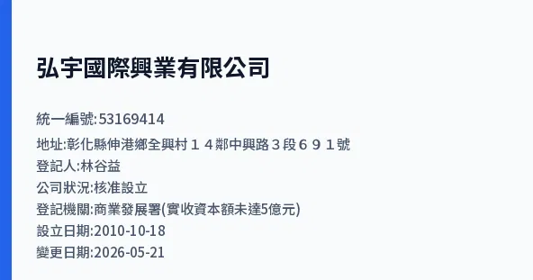 弘宇國際興業有限公司的照片-統編 53169414(彰化縣) 公司登記資料與營業項目詳細圖表