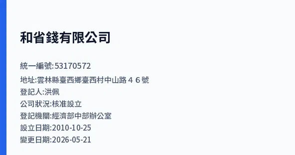 和省錢有限公司的照片-統編 53170572(雲林縣) 公司登記資料與營業項目詳細圖表