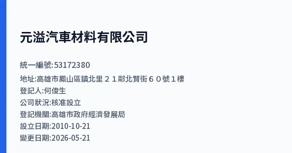 元溢汽車材料有限公司的照片-統編 53172380(高雄市) 公司登記資料與營業項目詳細圖表