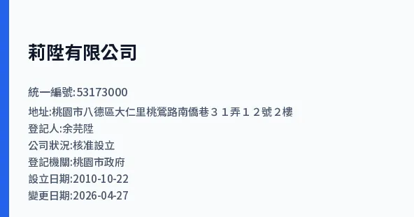 莉陞有限公司的照片-統編 53173000(桃園市) 公司登記資料與營業項目詳細圖表