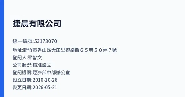 捷晨有限公司的照片-統編 53173070(新竹市) 公司登記資料與營業項目詳細圖表