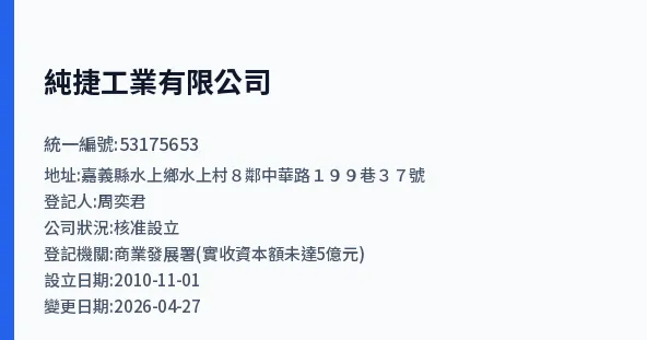 純捷工業有限公司的照片-統編 53175653(嘉義縣) 公司登記資料與營業項目詳細圖表
