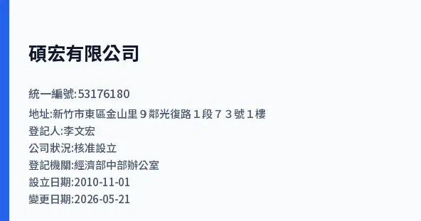 碩宏有限公司的照片-統編 53176180(新竹市) 公司登記資料與營業項目詳細圖表