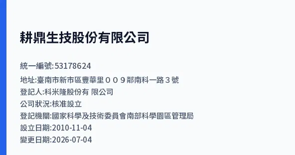 耕鼎生技股份有限公司的照片-統編 53178624(臺南市) 公司登記資料與營業項目詳細圖表
